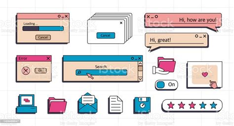 사용자 인터페이스 요소 Ui 및 Ux 테마 집합입니다 8090 년대의 증기파 스타일에서 복고풍 콜라주 창과 아이콘의 벡터 일러스트 레이 션 1990 1999 년에 대한 스톡