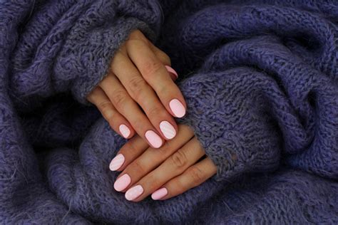 아름다운 타원형 손톱을 가진 여성의 손 니트 스웨터 배경에 매트 핑크 매니큐어 클로즈업 셸락 복사 공간 건강관리와 의술에 대한 스톡 사진 및 기타 이미지 Istock