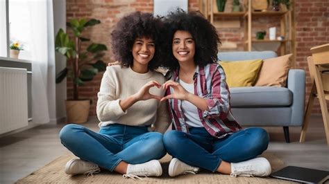 Happy Two Women Friends Sitting On Floor Showing Heart Gesture