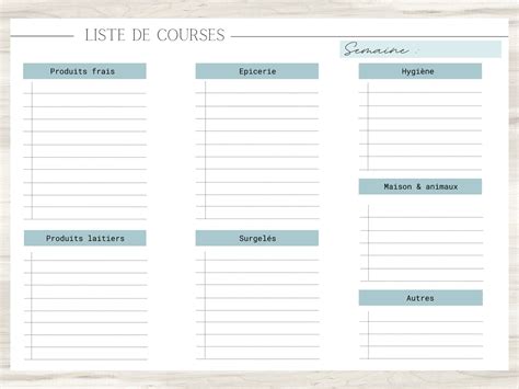 Liste de course menu de la semaine à imprimer planificateur Etsy
