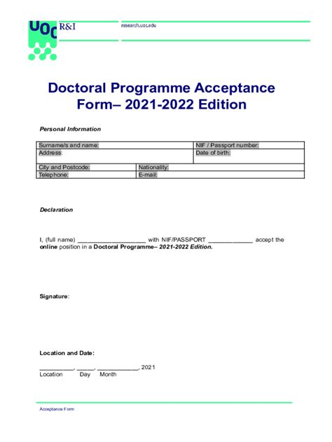 Fillable Online Doctoral Programme Acceptance Form 2021 2022 Edition