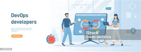 Devops 개발자는 무한대 기호 형태의 자동화 프로세스로 작업합니다 소프트웨어 개발 소셜 미디어 홍보 자료에 적합한 플랫