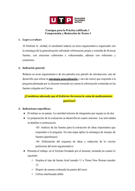 Practica Calificada 1 Consigna para la Práctica calificada 1