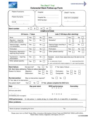 Fillable Online Colorectal Stent Follow Up Form University Of Birmingham Fax Email Print