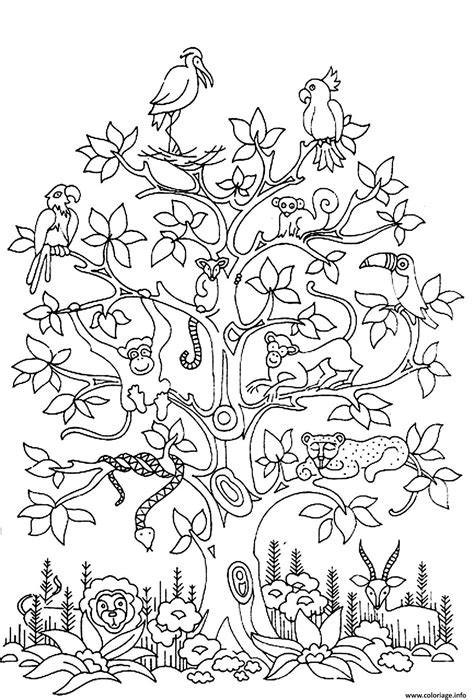 Coloriage Adulte Difficile Arbre Oiseaux Serpents Singes JeColorie