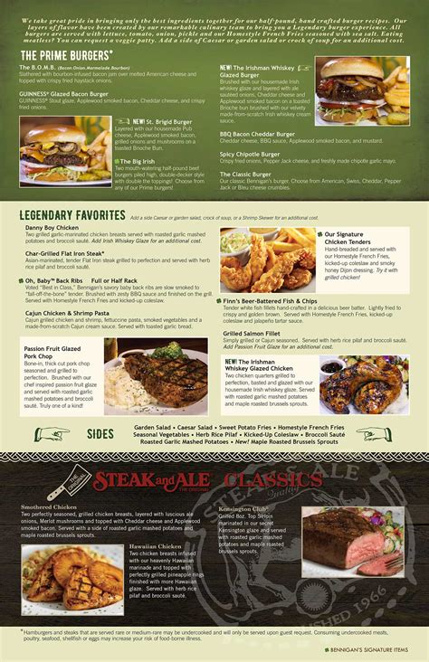 Menu Bennigans