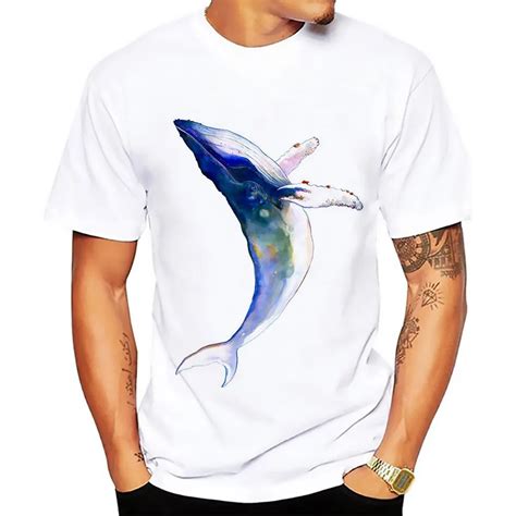 수채화 푸른 고래 tshirt 여름 새로운 흰색 짧은 소매 o 목 캐주얼 t 셔츠 아니 접착제 인쇄 dropshipping