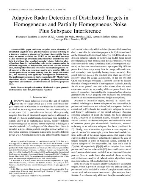 Pdf Adaptive Radar Detection Of Distributed Targets In Homogeneous And Partially Homogeneous