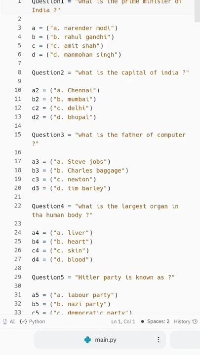 Shortsvideo Python Coding Create A Kbc Questions By Using Python
