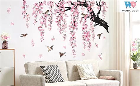 wondever Wandtattoo Kirschblüte Rosa Baum Ast Groß Wandaufkleber Hängende Blumen Blüten Vögel