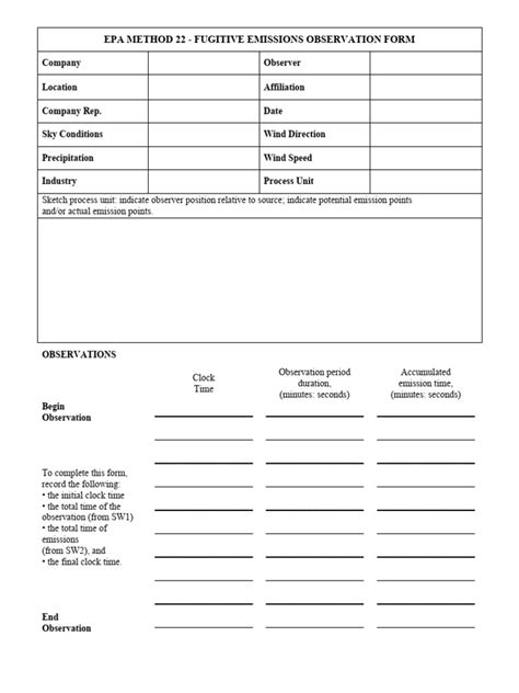 Epa Method 22 Fugitive Emissions Observation Form Pdf Lighting Dust