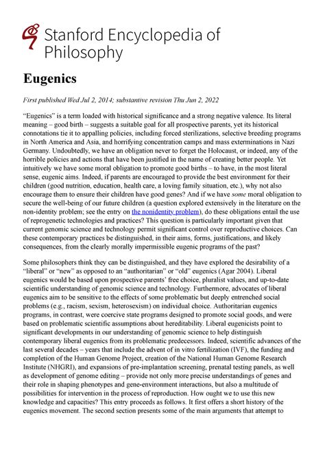 Eugenics Stanford Encyclopedia Of Philosophy Stanford Encyclopedia