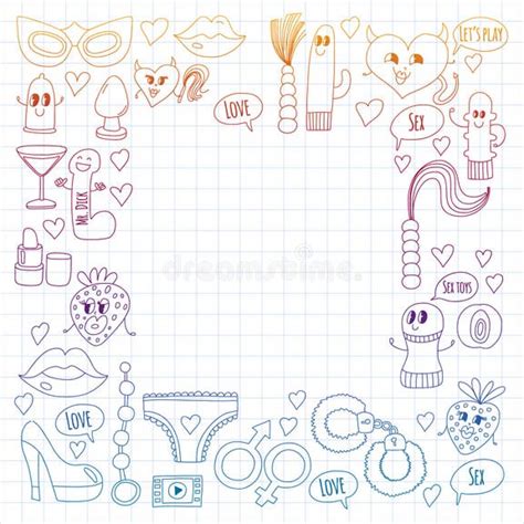 Funny Icons For Sex Shop Cute Cartoon Characters Dildo Strawberry Condom Heart Love And