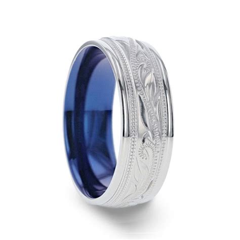 Milgrain Patterned Titanium Mens Ring With Blue Interior