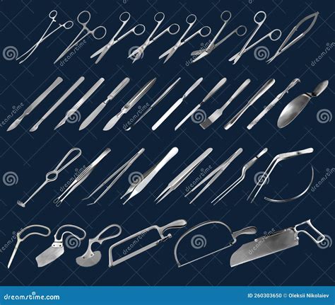Set Of Surgical Instruments Tweezers Scalpels Saws Amputation Knives Microsurgical Forceps