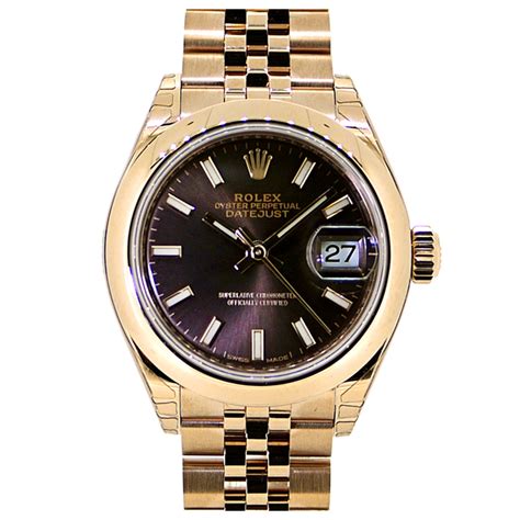 Rolex Lady Datejust 28 Rose Gold Chocolate Baton Dial 279165 Global