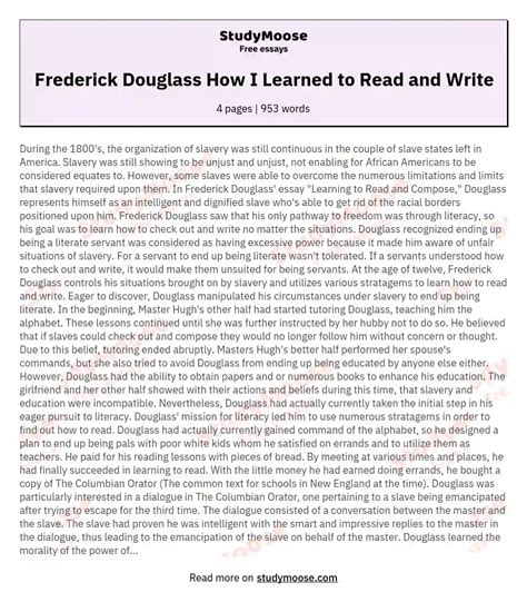 Frederick Douglass How I Learned To Read And Write Free Essay Example