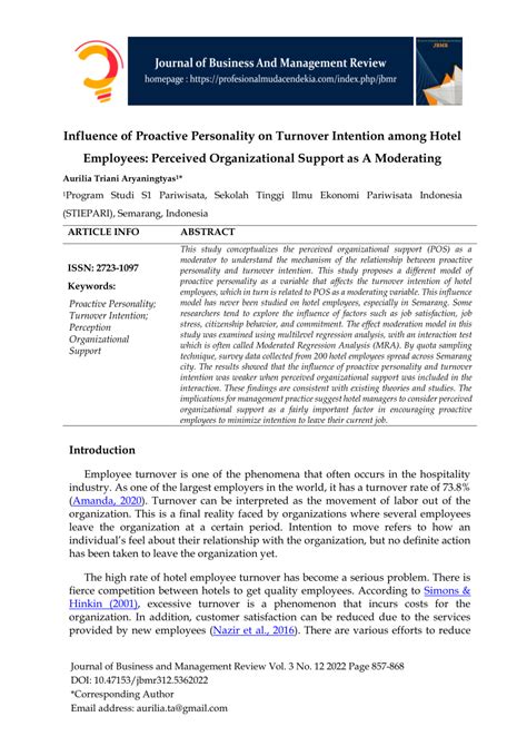 Pdf Influence Of Proactive Personality On Turnover Intention Among Hotel Employees Perceived