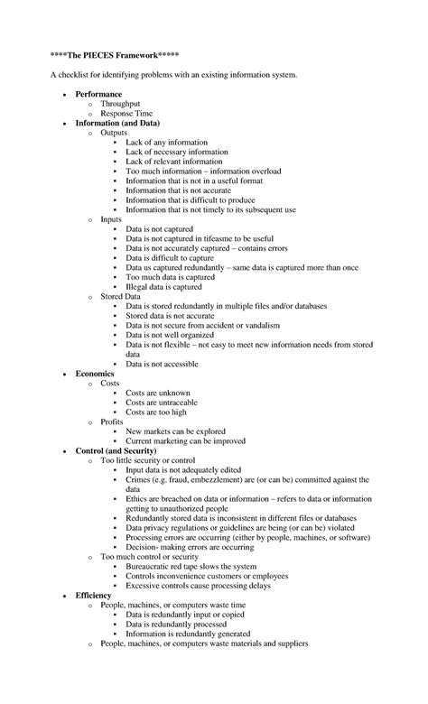 The Pieces Framework The Pieces Framework A Checklist For