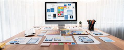Digital Wireframe Design For Web Or Mobile App UI On Laptop Scrutinize Stock Photo Image Of
