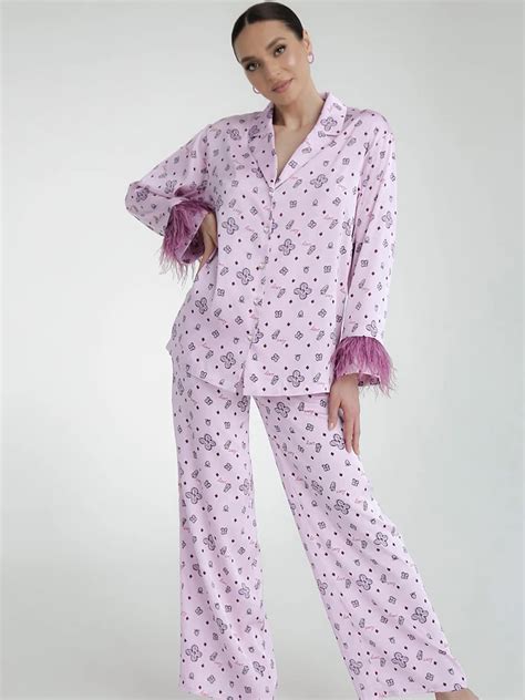 편안한 보라색 깃털 잠옷 여성 인쇄 2 조각 세트 긴 소매 잠옷 패치 워크 여성 캐주얼 바지 정장 2022 Aliexpress