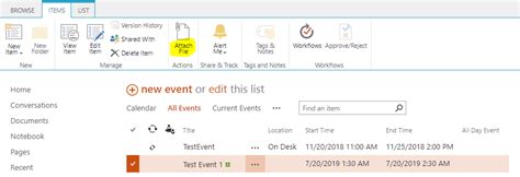 list enabling an attachments field when creating an event in