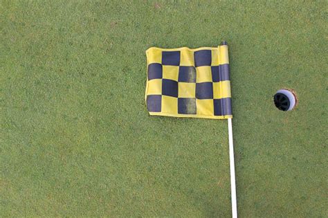 골프 코스에서 그린 퍼팅의 이미지 구멍 검은 색과 노란색 체크 무늬 플래그 짧고 깔끔하게 Mown 잔디 잔디 골퍼 골프에 대 한 가짜 인조 잔디 처럼 나타나는 아침에 골프