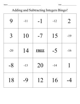 Adding And Subtracting Integers Bingo Task Cards And Bingo Sheets