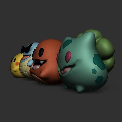 STL File Team Ash 4 Fat MIni Pokemons Pikachu Bulbasaur Charmander