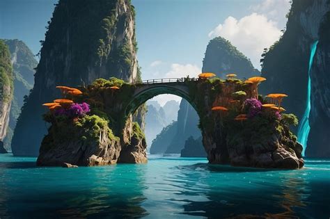 Floating Islands Connected By Glowing Bridges Premium AI Generated Image