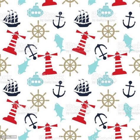 등대 범선 스티어링 휠 앵커 잠수함 및 물고기를 가진 이음새가 없는 바다 본 관광에 대한 스톡 벡터 아트 및 기타 이미지 관광 귀여운 그래픽 프린트 Istock