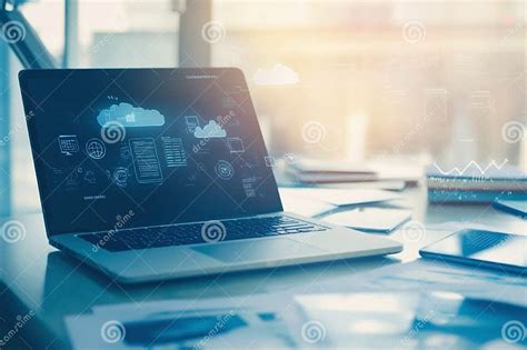 Laptop Displaying Cloud Computing And Data Analytics Graphics On The Screen Set In A Modern