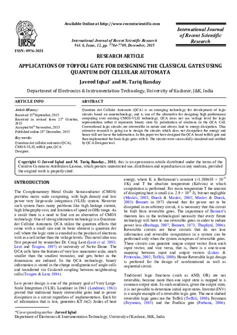 Pdf Applications Of Toffoli Gate For Designing The Classical Gates Using Quantum Dot Cellular
