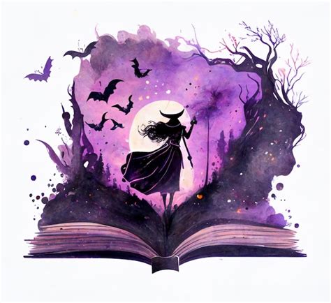 Premium Ai Image Witch With Broom And Bats Flying Over A Book With A