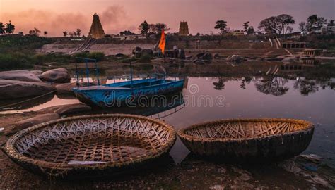 Virupaksha Temple Hampi India Karnakata At Sunset With The River And