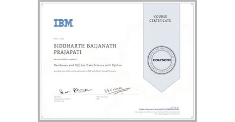 Completion Certificate For Databases And Sql For Data Science With