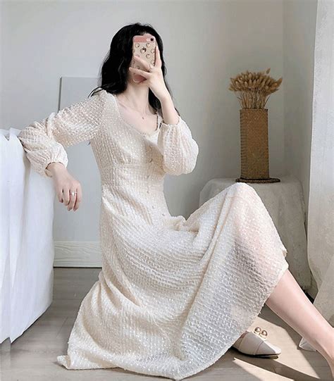 하객룩 브라이덜샤워 쉬폰 진주 원피스 라운드 유 넥 스퀘어 카라 프렌치 여성 봄 간절기 A라인 플리츠 롱 스커트 베이지 미디 드레스 긴팔 퍼프 셔링 트위드 셀프 웨딩 스몰 촬영