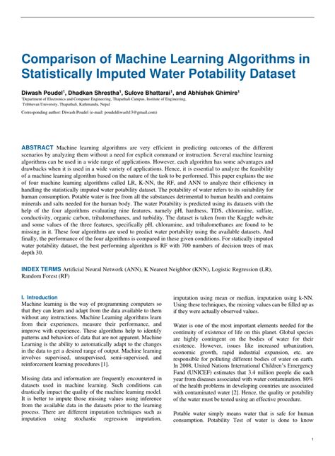 Pdf Comparison Of Machine Learning Algorithms In Statistically Imputed Water Potability Dataset