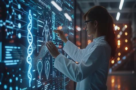 Female Scientist Working With Digital Interface Analyzing Genetic Data In A Modern Laboratory
