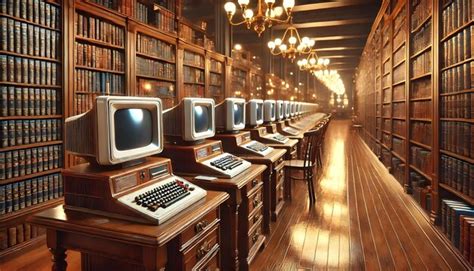 A Row Of Old Computer Monitors Are Lined Up In A Library Premium Ai