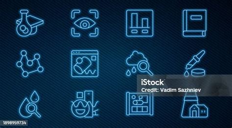 라인 발전소 공장 피펫 그래프 차트 인포 그래픽 데이터 시각화 화학식 눈금 모자 비가 내리는 구름 및 눈 스캔 아이콘을 설정합니다 벡터 건강 진단에 대한 스톡 벡터 아트 및