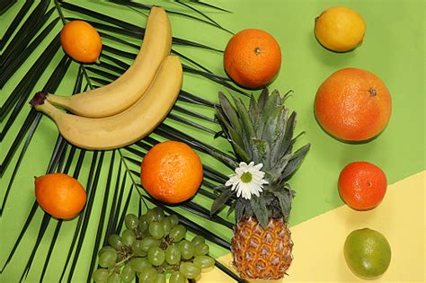 여름 배너 감귤류 자몽 오렌지 레몬 노란 배경에 파인애플 패턴 최소한의 휴식 개념 다이어트 건강한 음식 텍스트 평신도 음식 배달을위한 장소 감귤에 대한 스톡 사진 및 기타