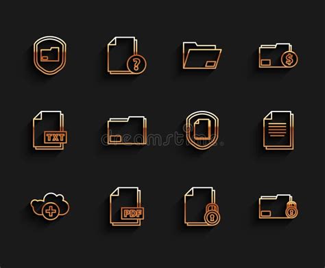 Set Line Add Cloud Pdf File Document Document Folder Protection And Lock Folder And Concept