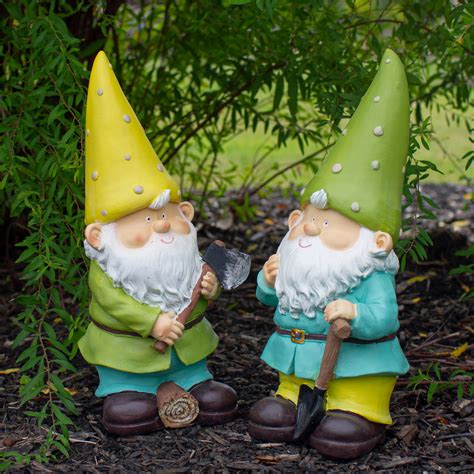 Set Of 2 Green And Yellow Gnome Outdoor Garden Statues 12 25 Christmas
