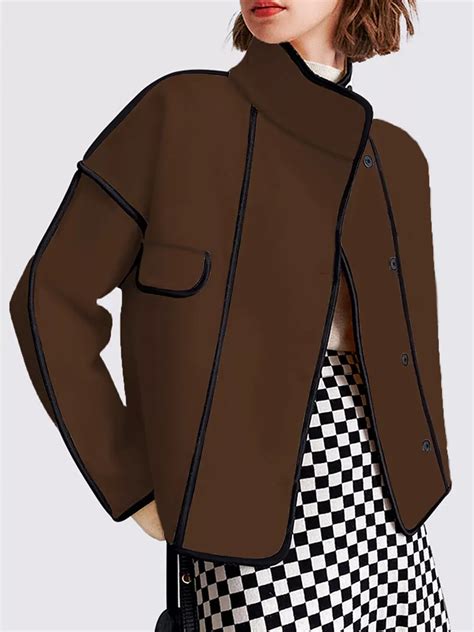 Color Block Piping Stand Collar Loose Jacket Jackets For Women
