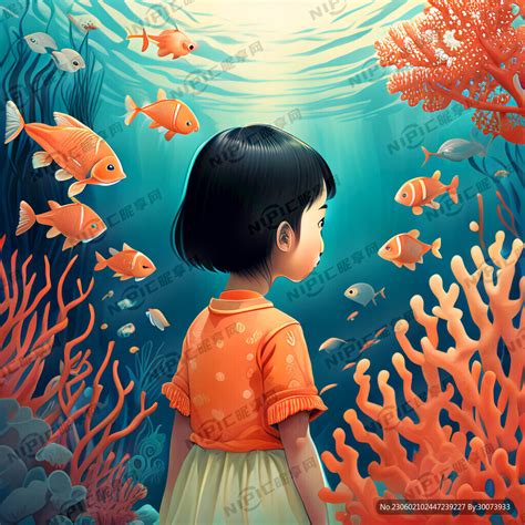 Ai创作图一个漂亮的小女孩望着海底里面的鱼类和各种珊瑚 昵图网