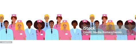 의료 유니폼을 입은 다문화 의사와 간호사의 완벽 한 고립 된 벡터 패턴입니다 국제 간호사의 날 의료 서비스 감사 및 병원 직원 디자인 Nurses Day에 대한 스톡 벡터