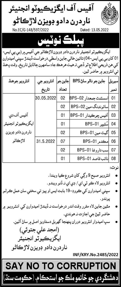 Irrigation Department Northern Dadu Division Larkana Jobs 2025 Job