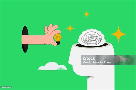 인간의 머리 실루엣과 손은 얽힌 낙서의 뇌에 전구를 제공합니다 솔루션 만들기 혁신과 문제 해결책 아이디어 개념 플랫 벡터 그림 Mental Wellbeing에 대한 스톡