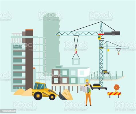 건설 현장에 건설입니다 건물 주택 및 건설 기계 작업 과정입니다 사람들과 벡터 일러스트입니다 개념에 대한 스톡 벡터 아트 및 기타 이미지 Istock